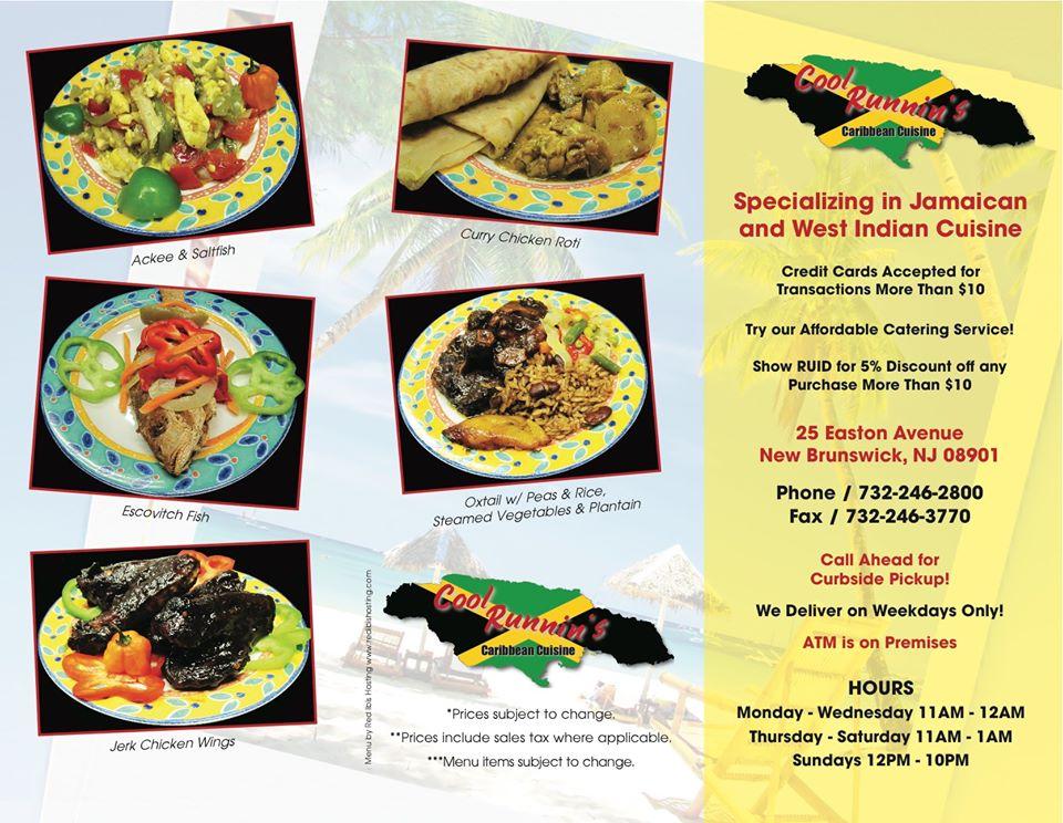 Menu at Cool Running Jamaican & Caribbean Cusine restaurant, New Brunswick