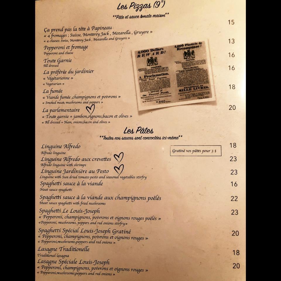 Menu au Le Louis-Joseph restaurant, Papineauville