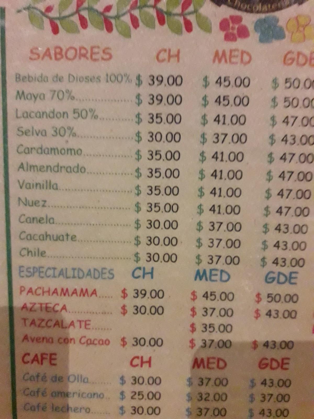 Menu at Pachamama Chocolaterías cafe, Morelia, Bartolomé de Las Casas 310
