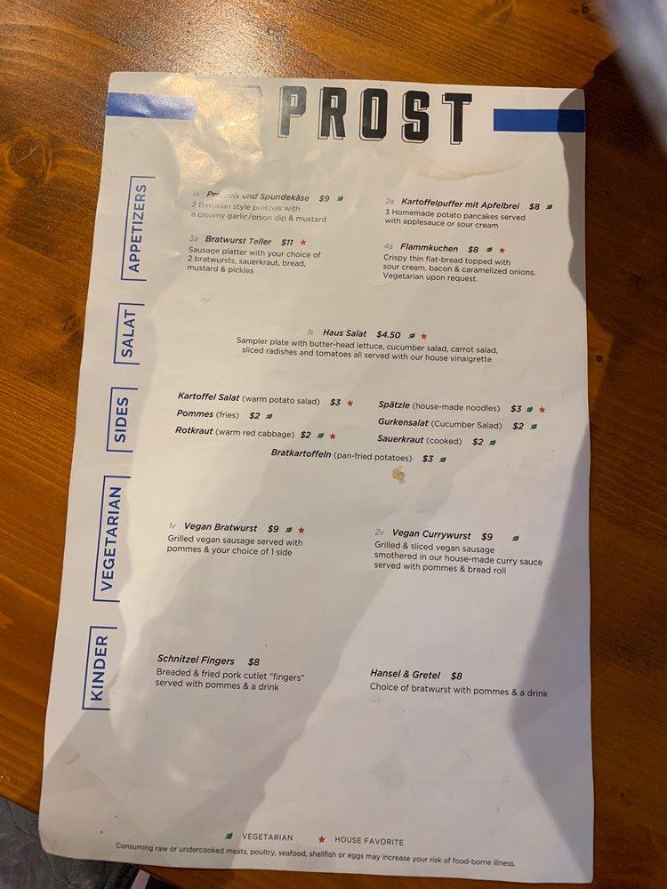 Menu at Prost restaurant, Wichita