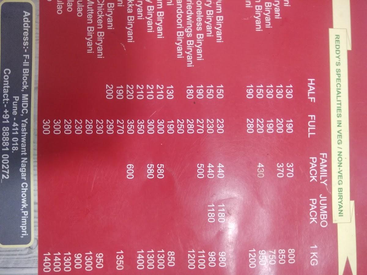 Menu at Reddy's Hyderabadi Biryanis, Pimpri-Chinchwad, Before wonder cars