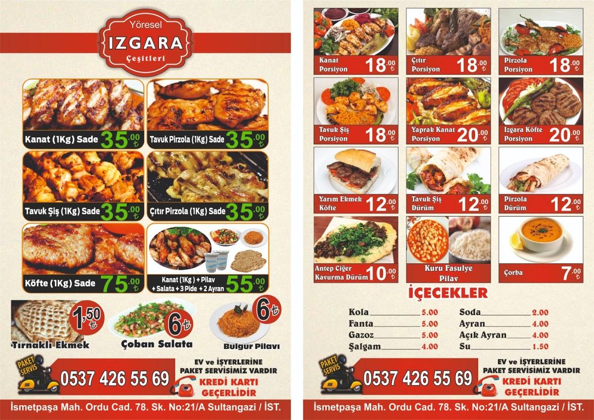 Menu at Yöresel Izgara Çeşitleri, Istanbul
