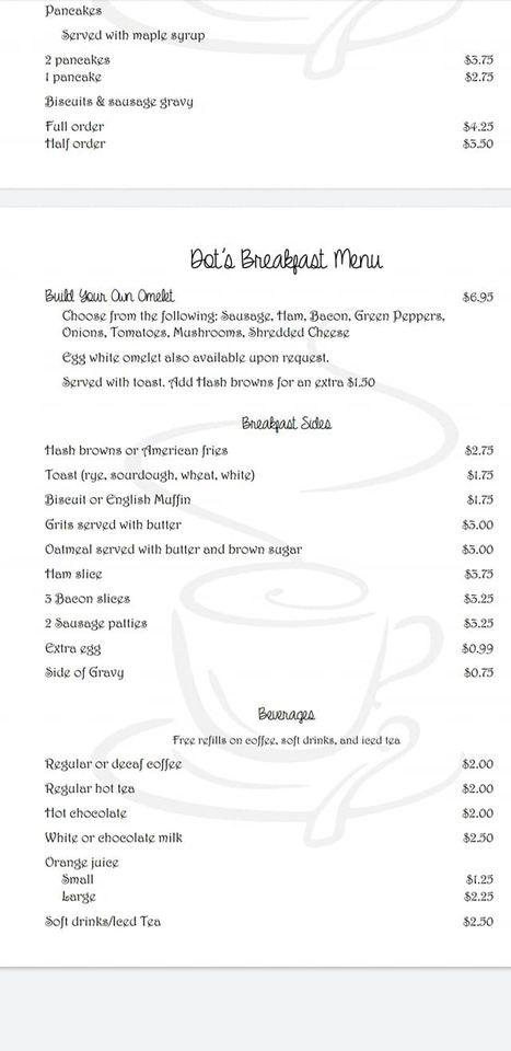 Menu at Dot's cafe, Vincennes