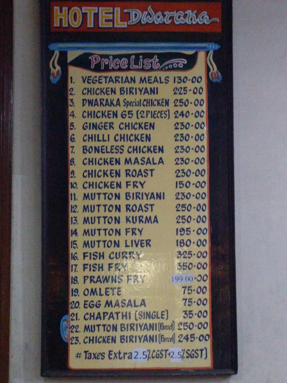 Menu at Dwaraka, Tirupati