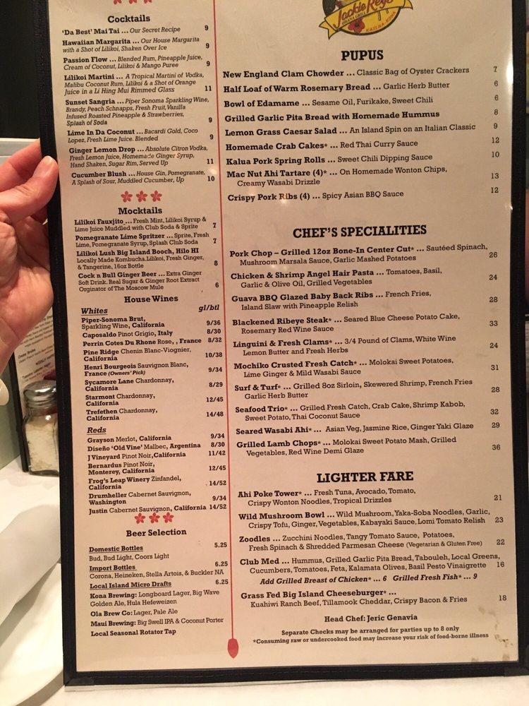 Menu at Jackie Rey's Ohana Grill Kona restaurant, Kailua-Kona