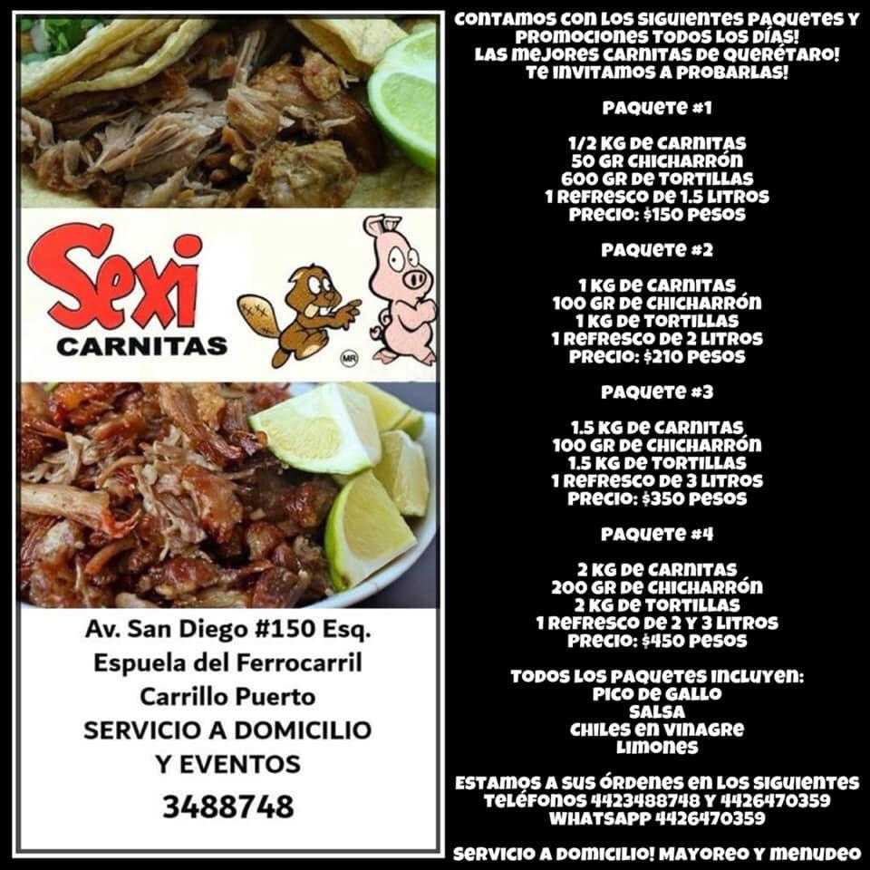 Menu at Sexy Carnitas restaurant, Santiago de Querétaro