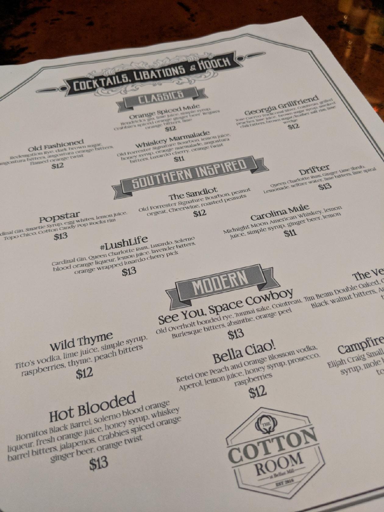 Menu at The Cotton Room pub & bar, Charlotte