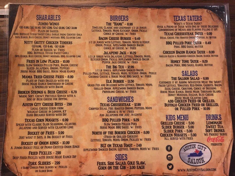 Menu at Austin City Saloon pub & bar, Corbin