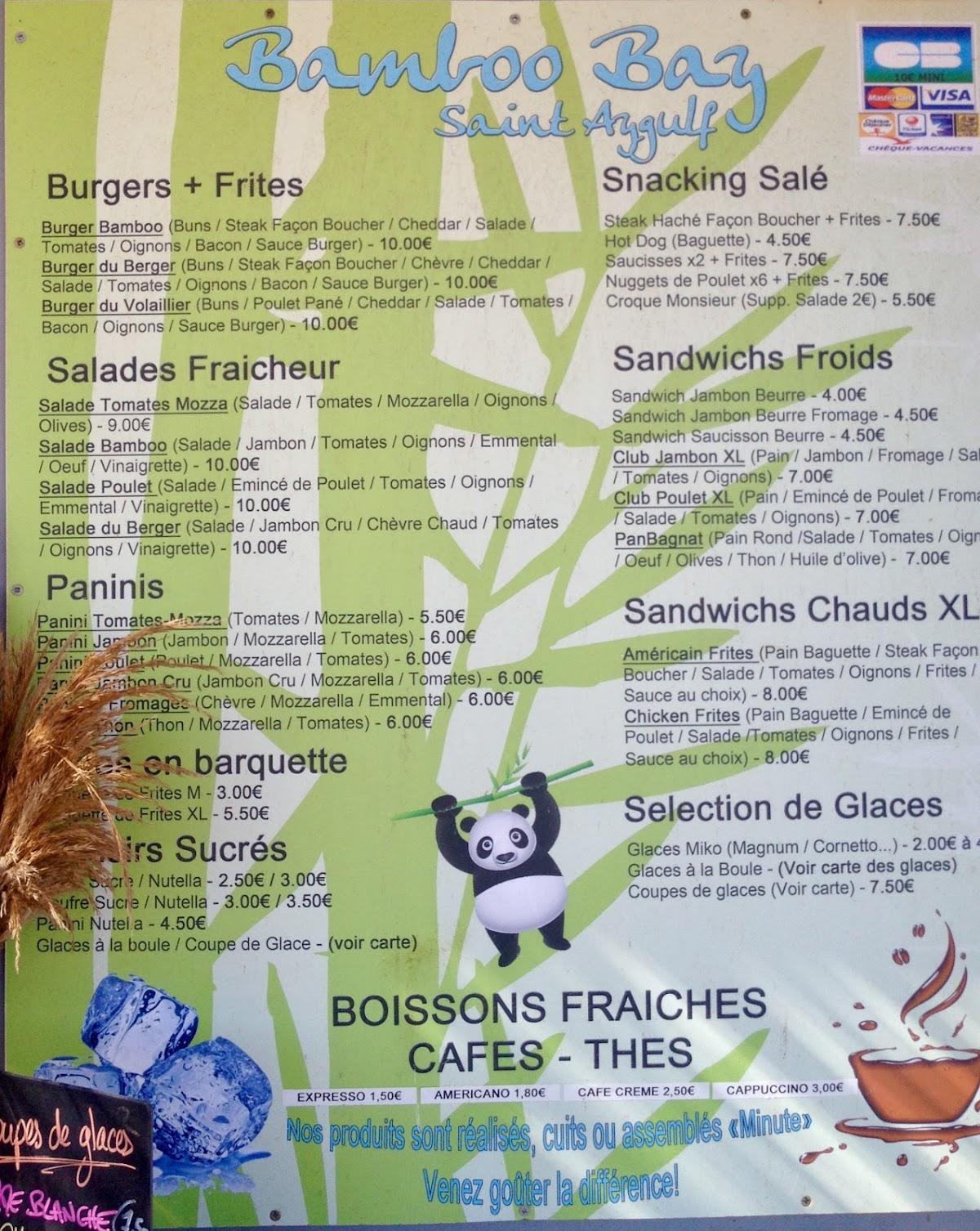 Menu at Bamboo Bay restaurant, Fréjus, Beach Esclamandes