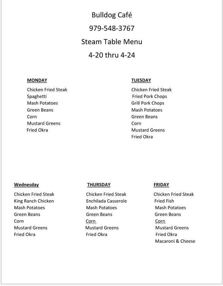 Menu at Bulldog Cafe, Sweeny