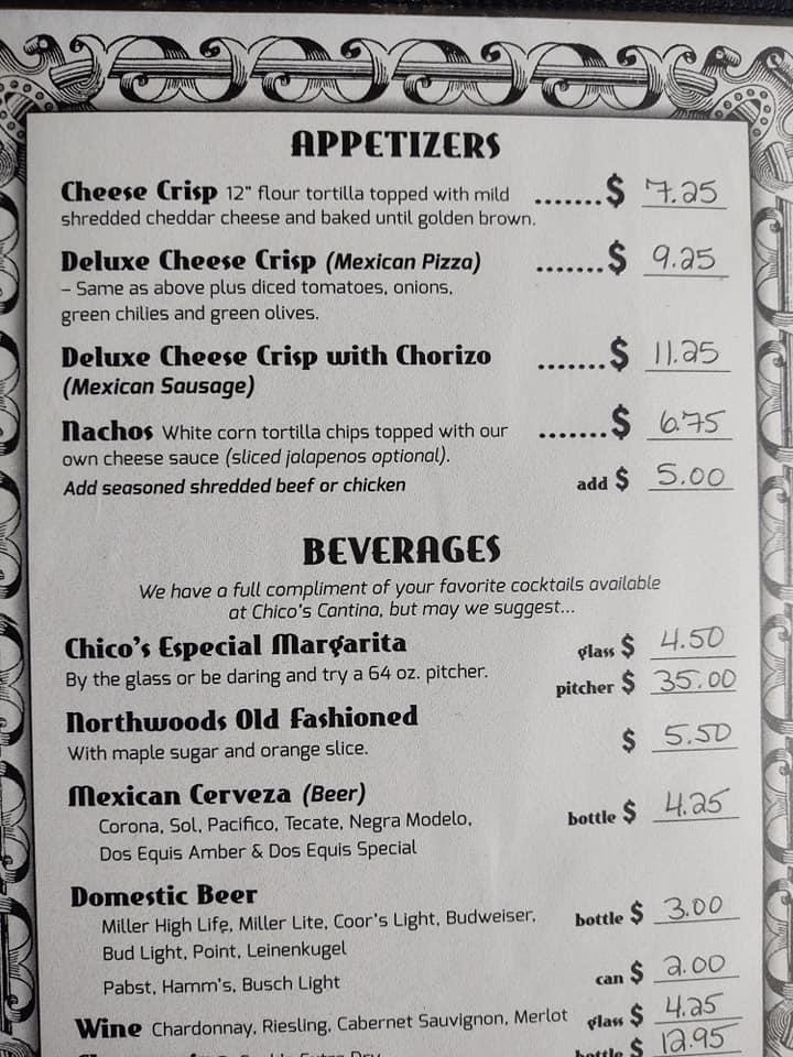 Menu at Chico's North of the Border restaurant, Springstead
