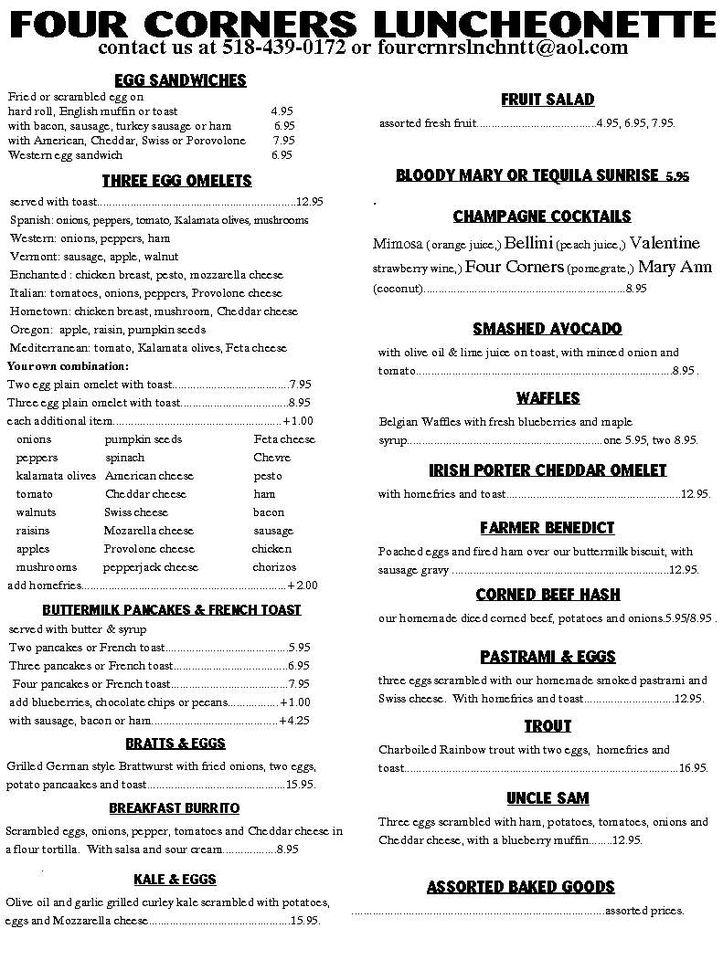 Menu at Four Corners Luncheonette restaurant, Delmar