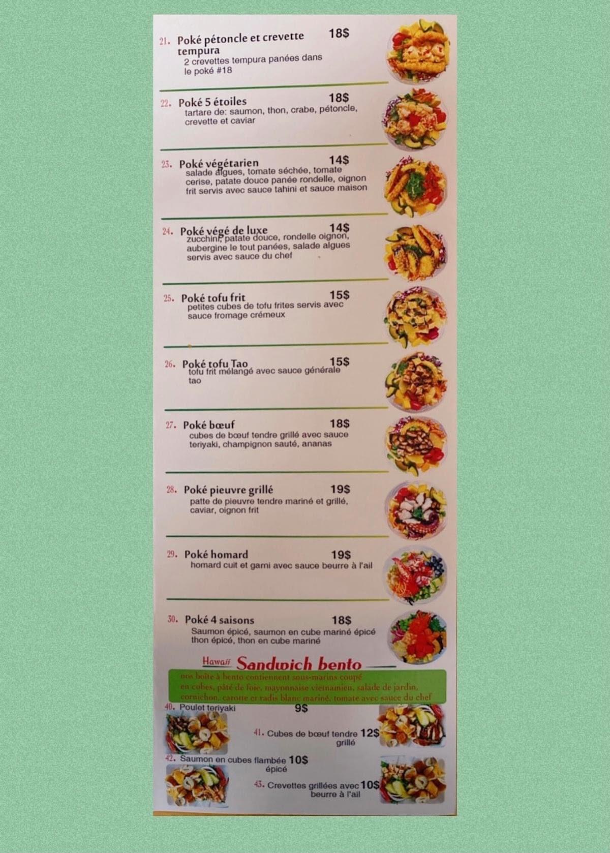 Menu at Hawaii Poke restaurant, Montréal