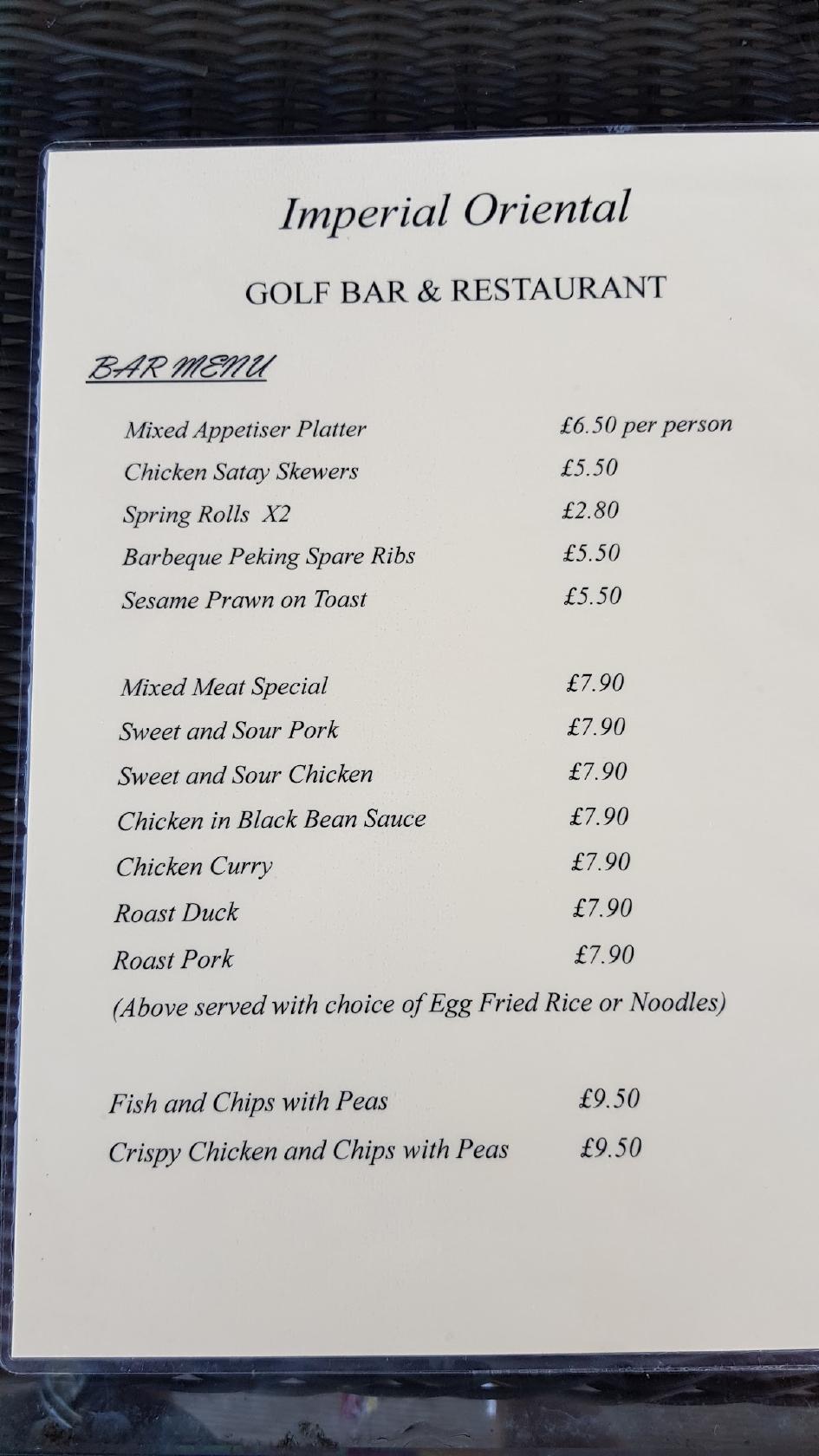 Menu at Imperial Oriental restaurant, Chigwell