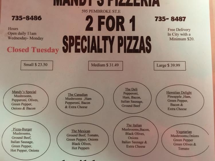Menu at Mandy's Pizzeria & Subs, Pembroke