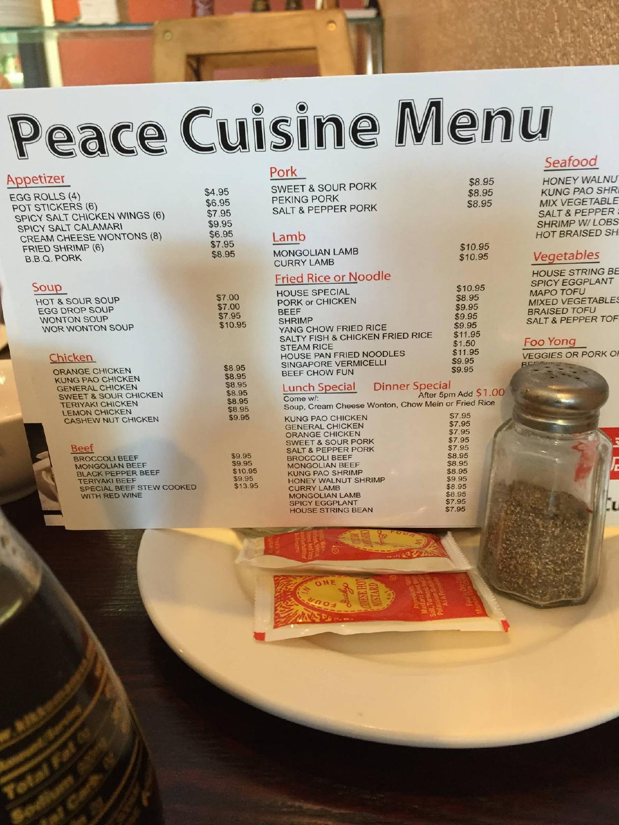 Menu at Peace Cuisine restaurant, West Sacramento