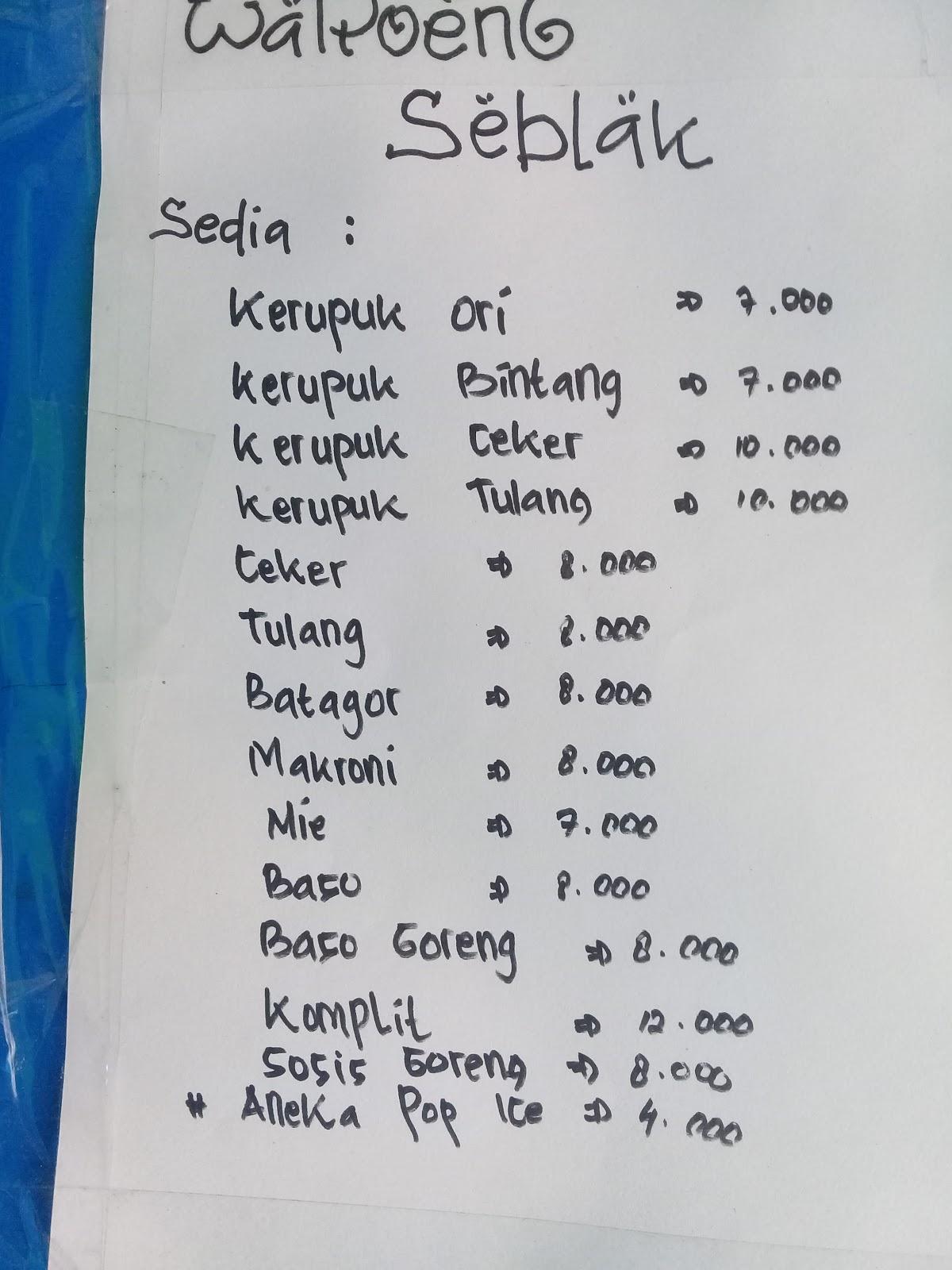 Menu at Seblak Ombak restaurant, Indonesia