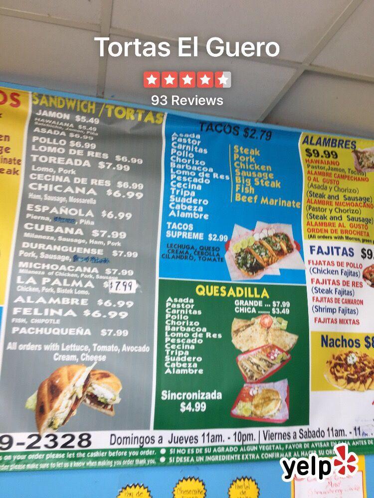Menu at Tortas El Guero restaurant, Indianapolis, 3818 N High School Rd
