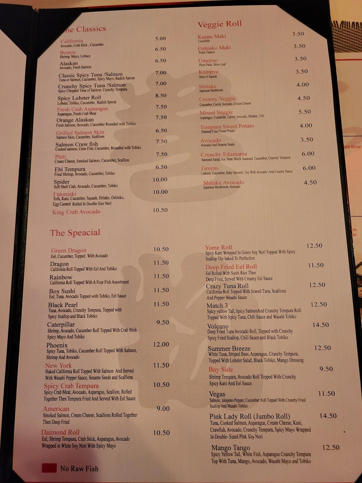 Menu at Yume restaurant, Scranton