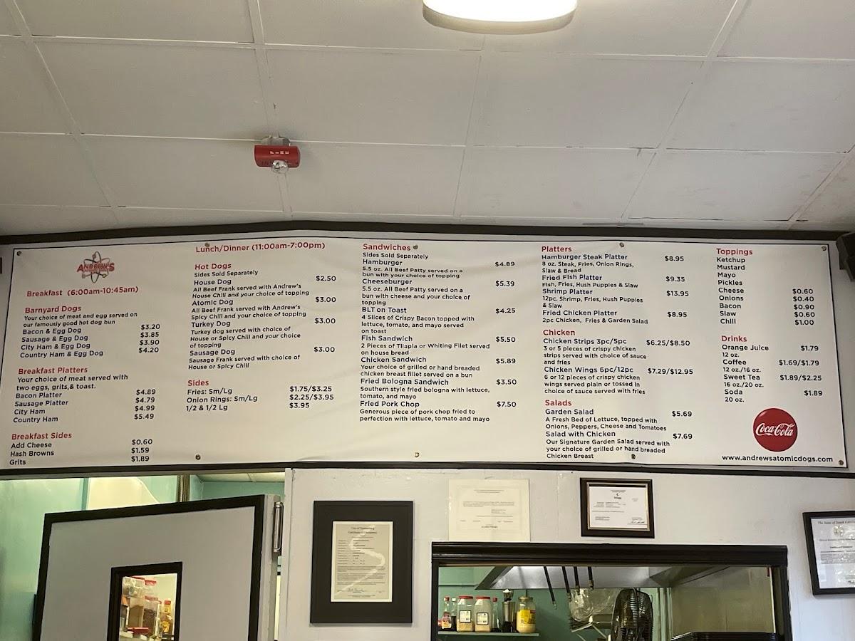 Menu at Andrews Atomic Dogs restaurant, Spartanburg