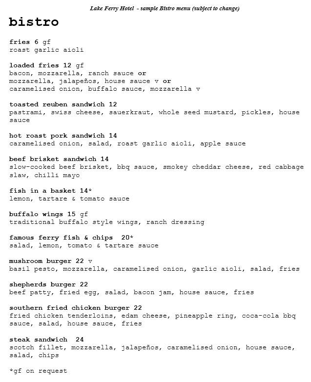 Menu at Lake Ferry Hotel restaurant, Lake Ferry