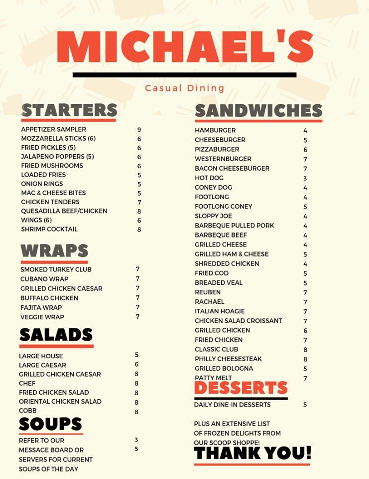 Menu at Michael's restaurant, Galion