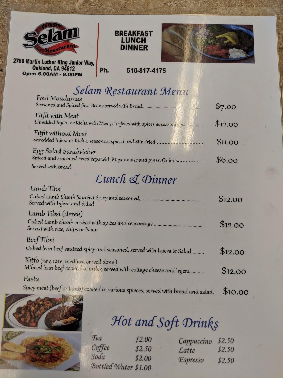 Menu at Selam restaurant, Oakland