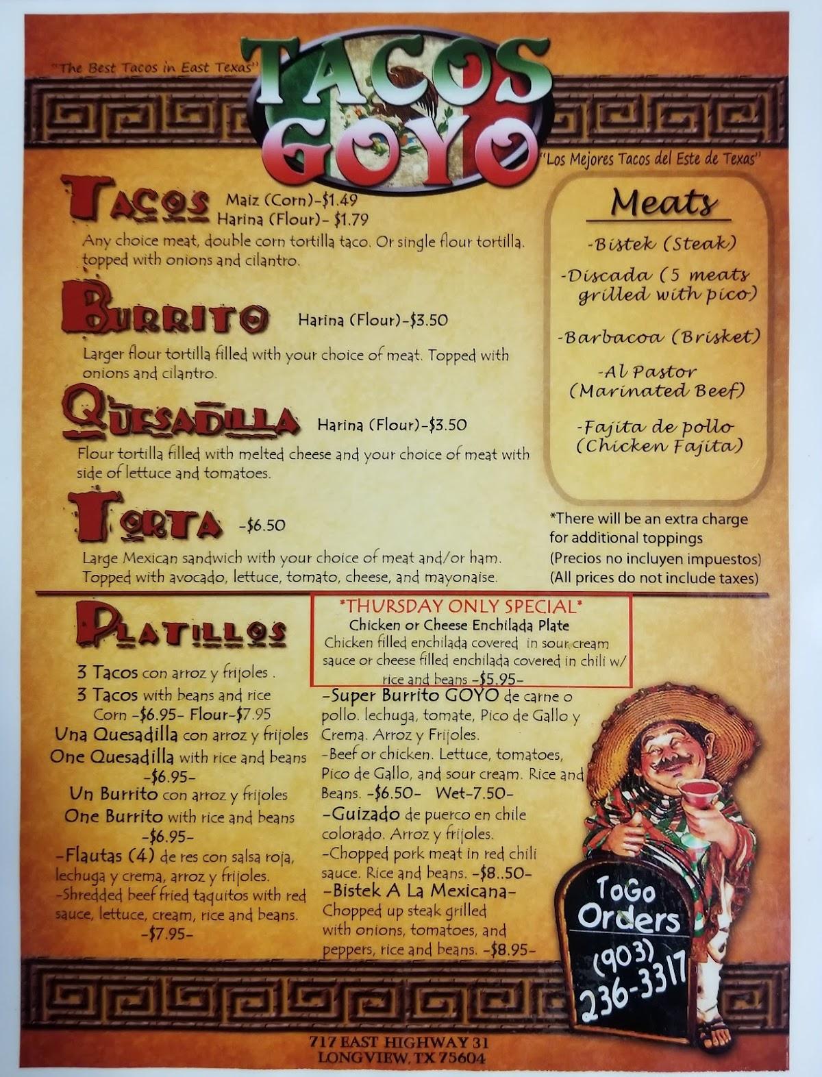 Menu at Tacos Goyo restaurant, Longview, 717 TX-31