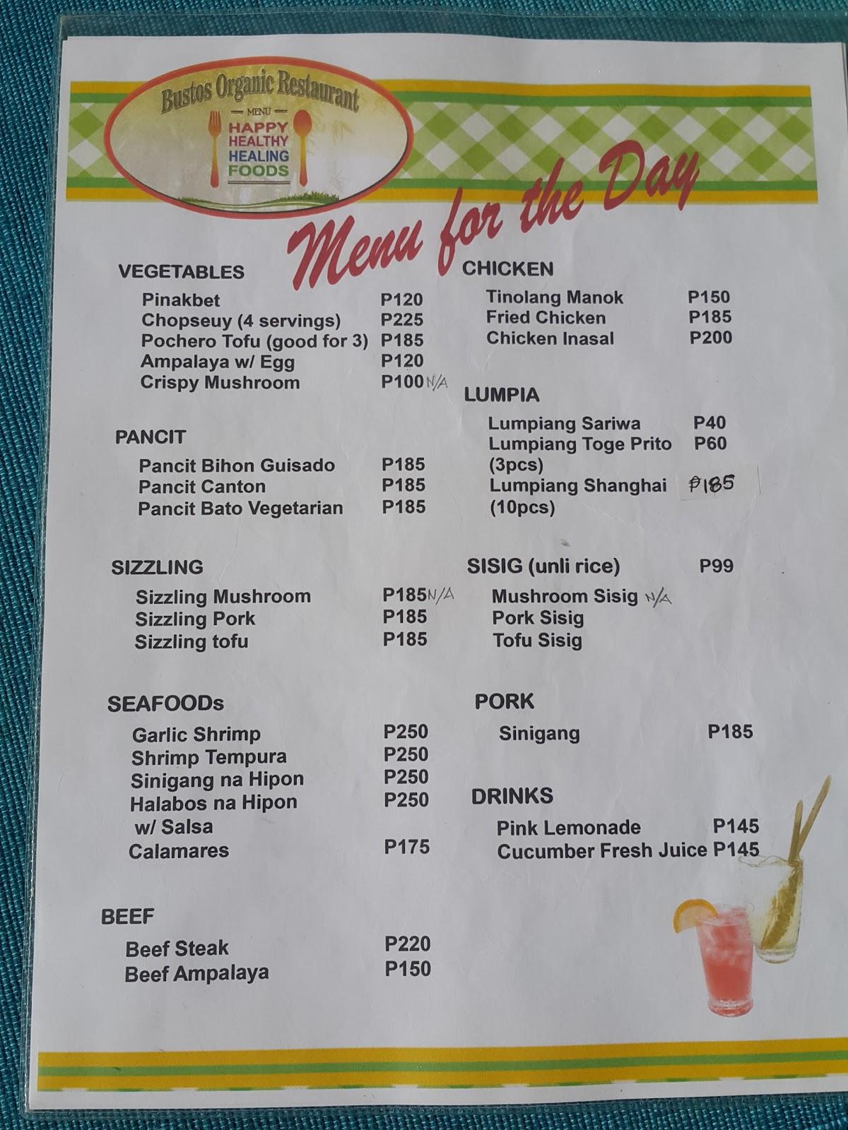 Menu at Organic Restaurant, Bustos