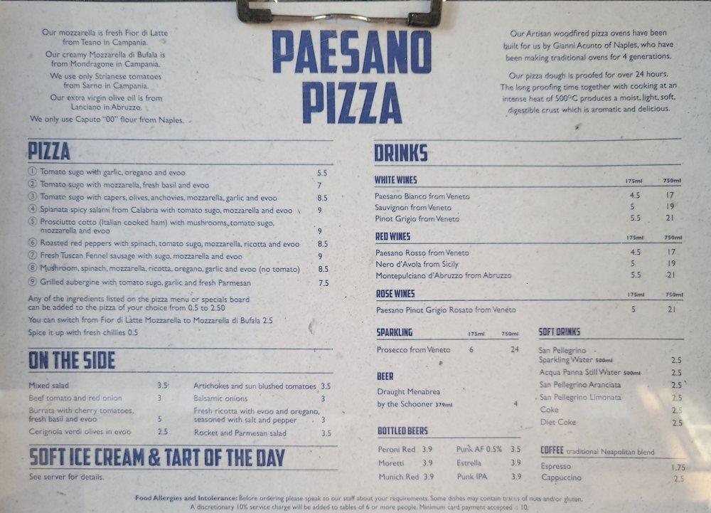 Menu at Paesano Pizza pizzeria, Glasgow, 94 Miller St