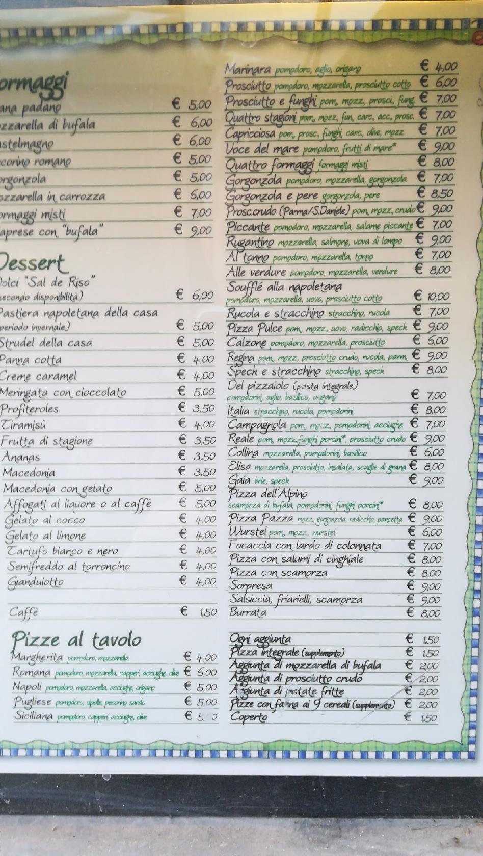 Menu da Pizzeria Rugantino, Cuneo, Via XX Settembre
