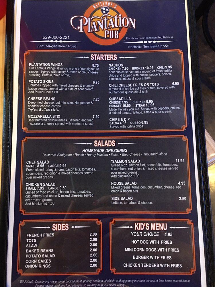 Menu at Plantation Pub, Nashville