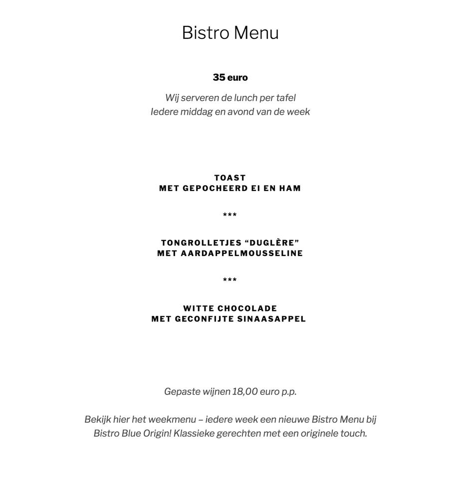 Menu at Restaurant Bistro Blue Origin, Deerlijk