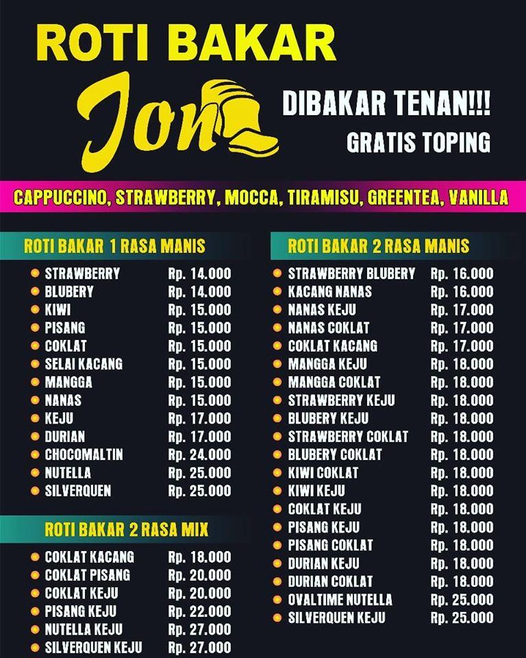 Menu at Roti Bakar Jon restaurant, Semarang