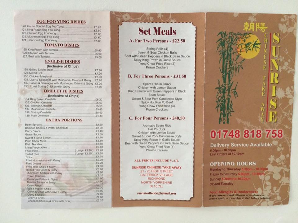 Menu at Sunrise Chinese Takeaway restaurant, Brompton on Swale