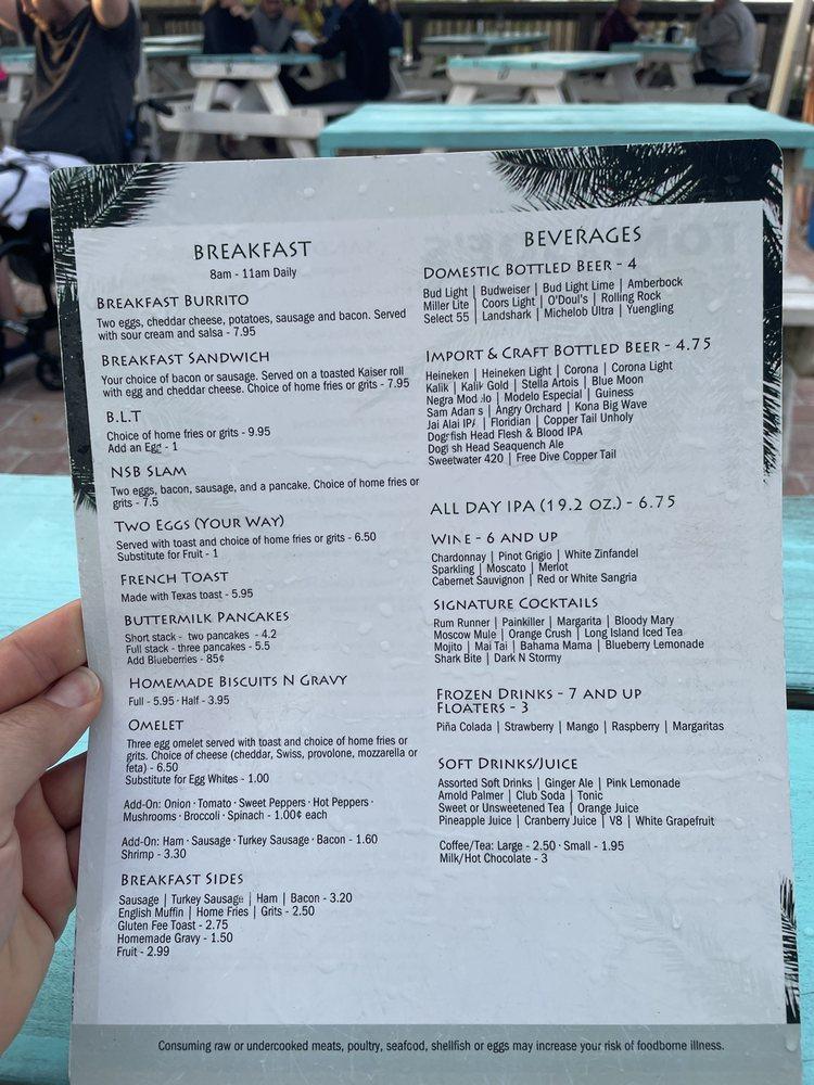 Menu at Toni & Joe's Patio pub & bar, New Smyrna Beach