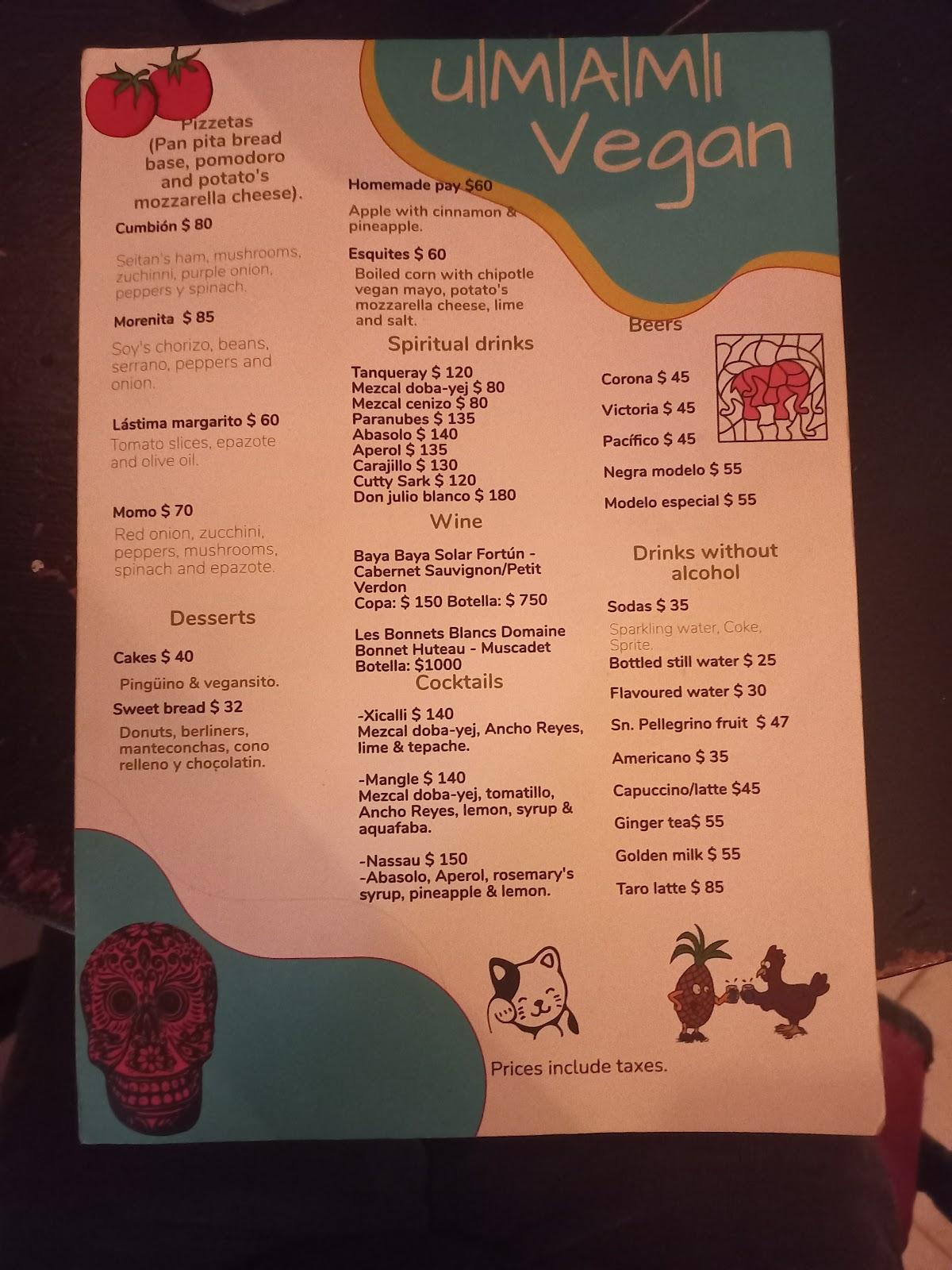 Carta del restaurante Umami vegan, Ciudad del México, Abraham González 77
