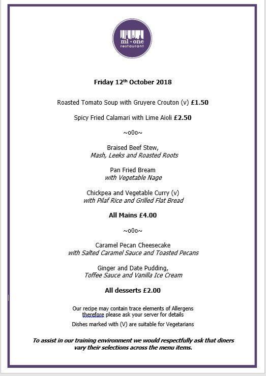 Menu at ML One restaurant, Motherwell