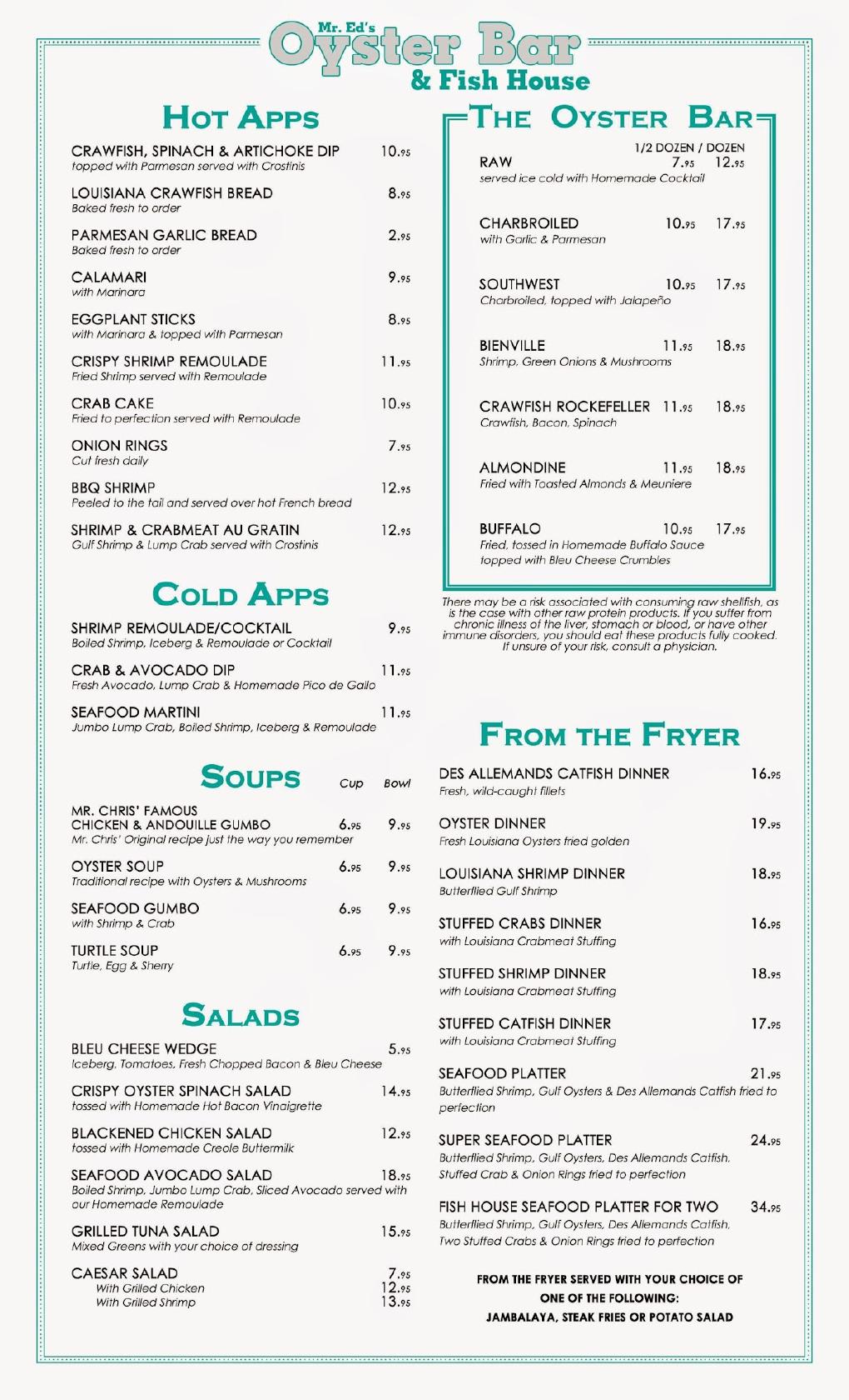 Menu at Mr. Ed's Oyster Bar & Fish House, French Quarter (Bienville ...