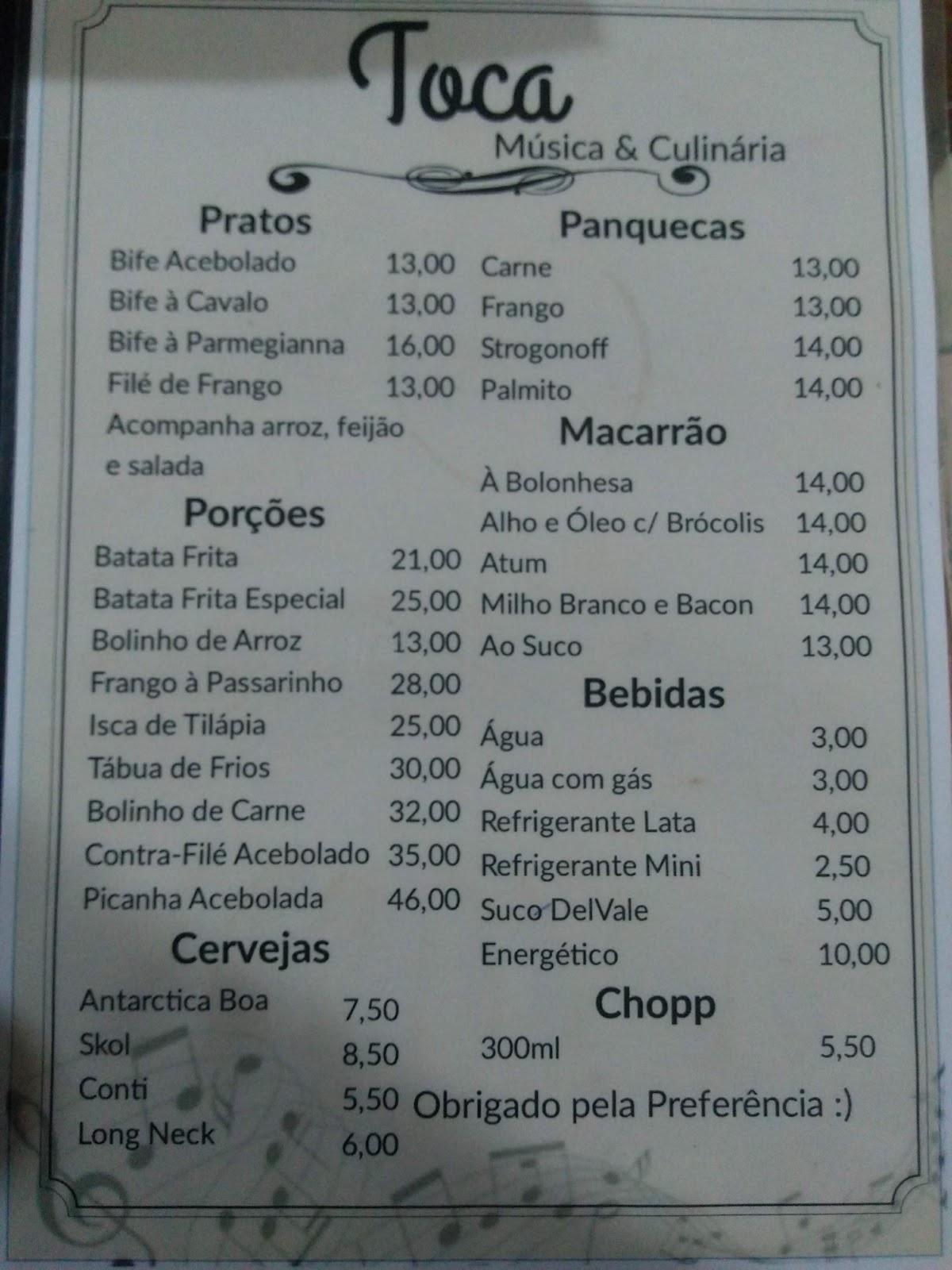 Carta de Toca bar e restaurante, Caarapó