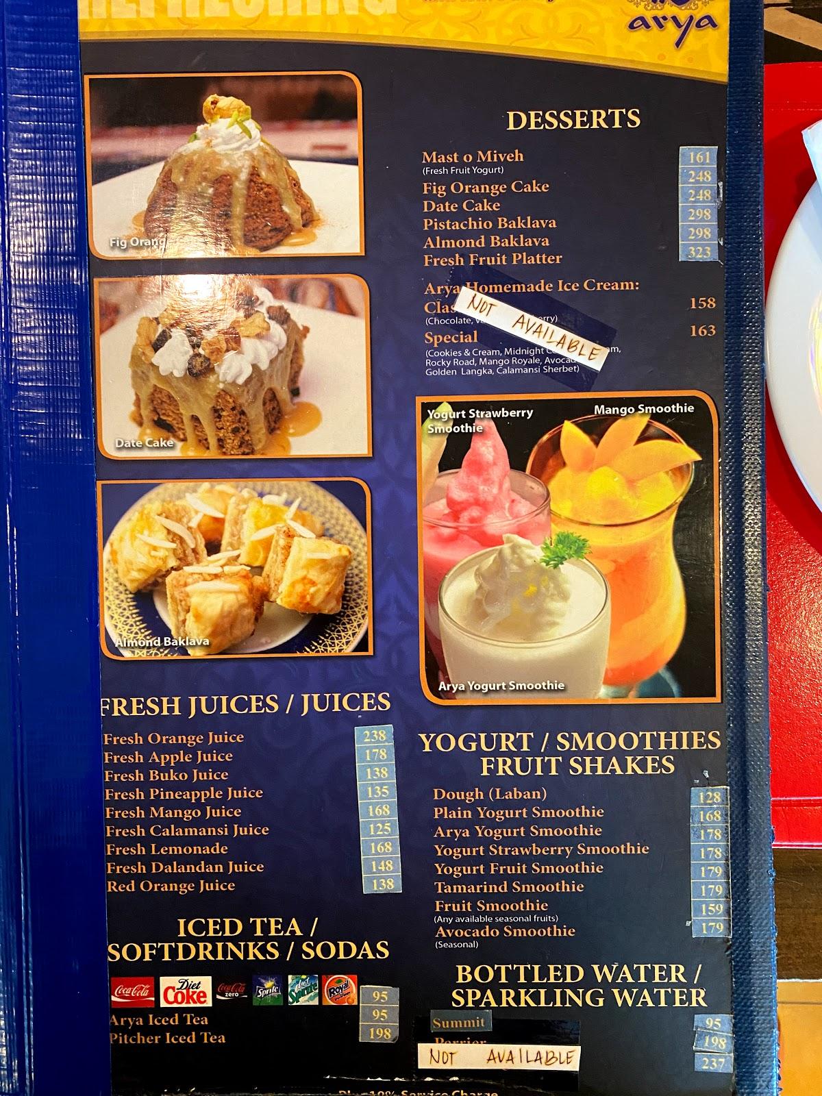 Menu at Arya - Quezon City - Robinsons Magnolia (Persian Restaurant ...