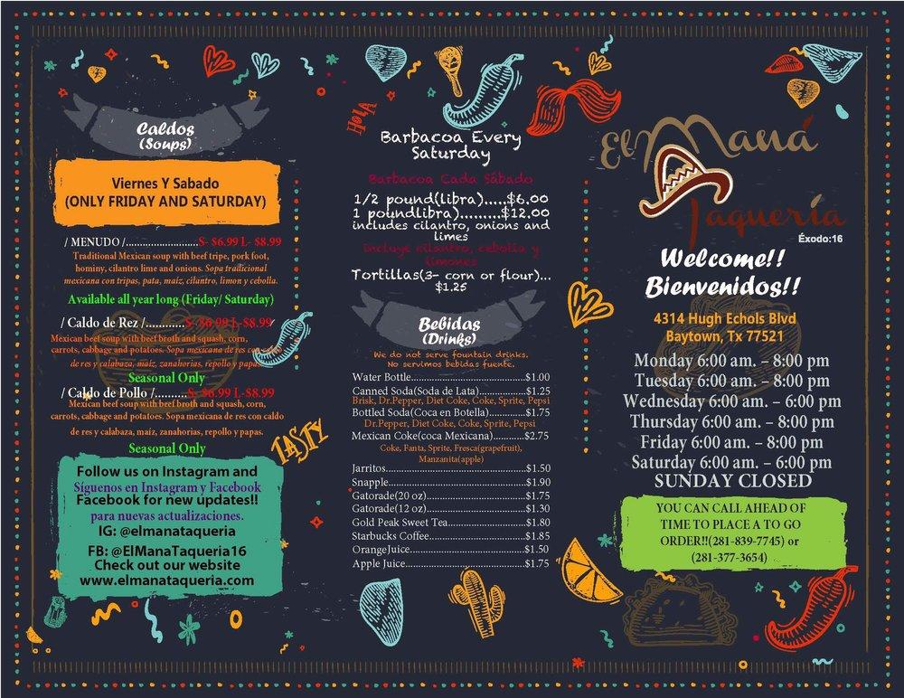 Carta del restaurante El Mana Taqueria, Baytown