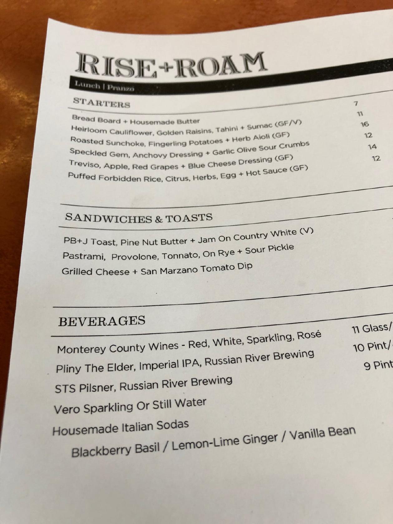Menu at Rise + Roam Bakery and Pizzeria, Carmel-by-the-Sea