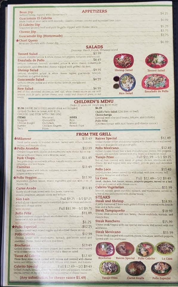 Menu at El Cabrito Mexican Restaurant, Dexter