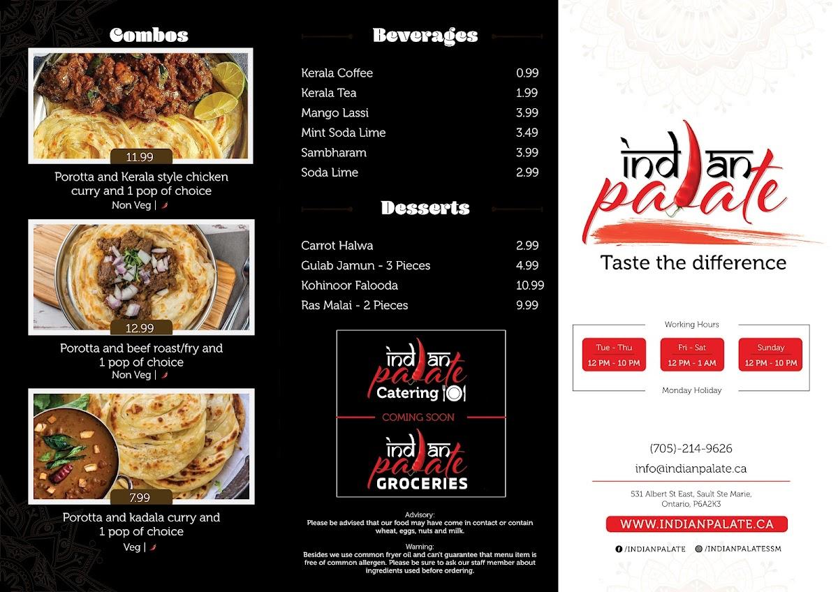 Carta del restaurante Indian Palate, Sault Ste. Marie