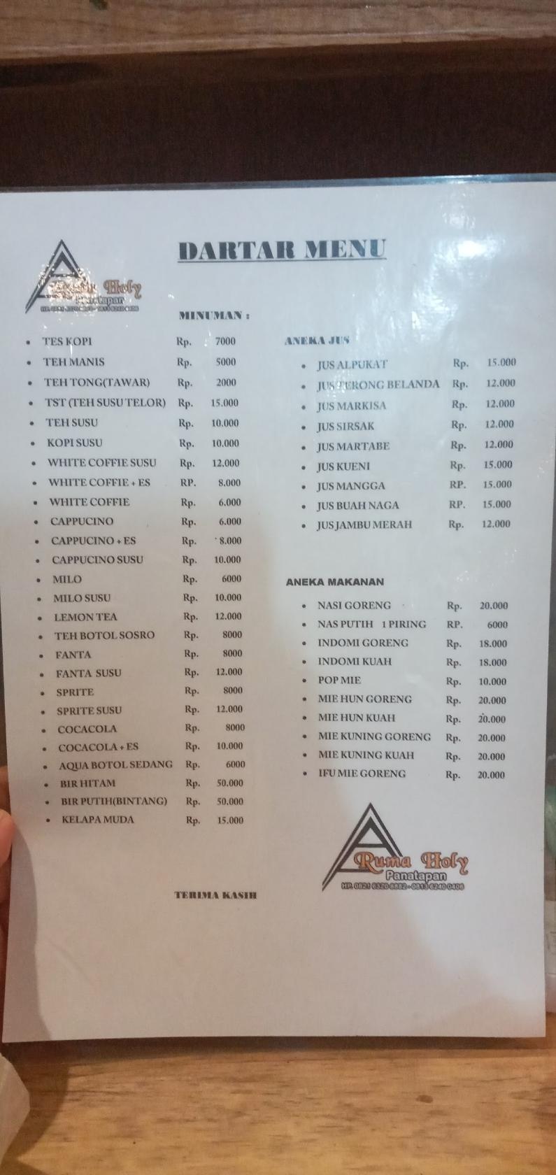 Menu at Ruma Holy Panatapan coffee shop pub & bar, Pangururan