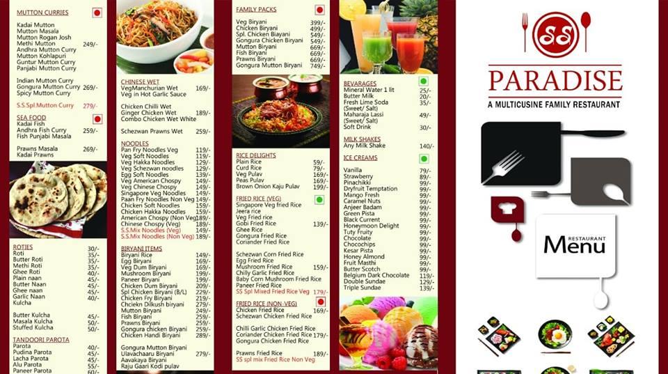 Menu at SS_Paradise, Anantapur