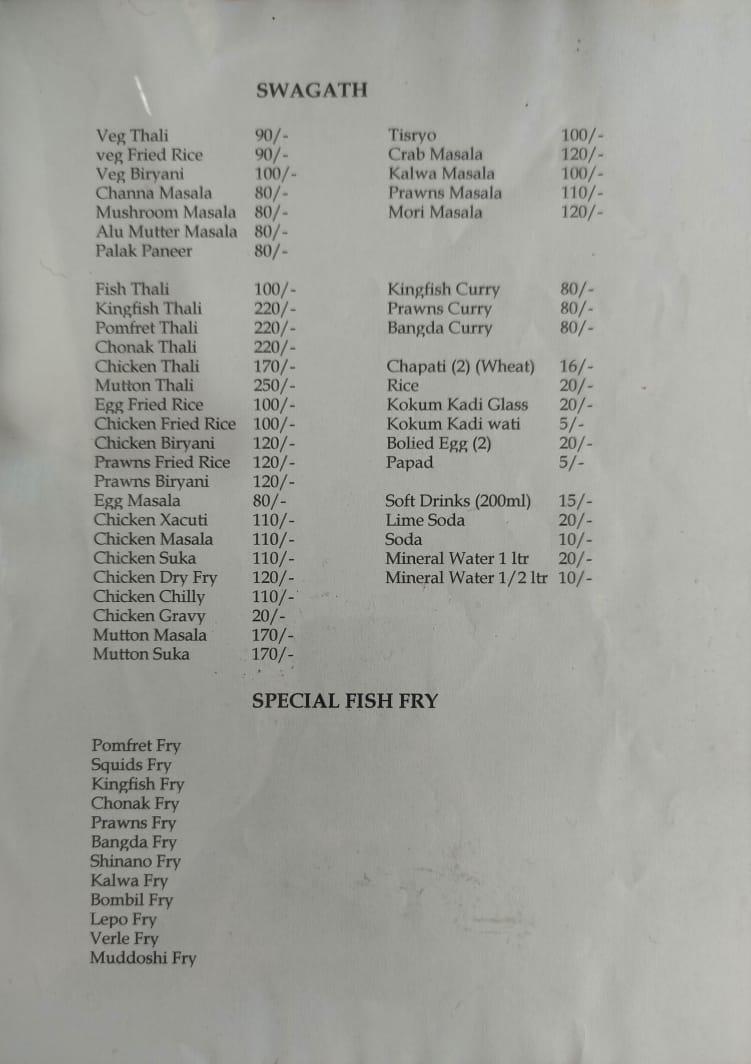 Menu at SWAGATH Goan & Malvani Veg & Non-Veg Family Restaurant, Ponda
