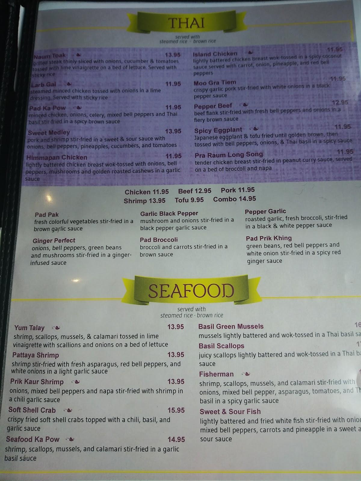 Menu at Siam Thai restaurant, Athens