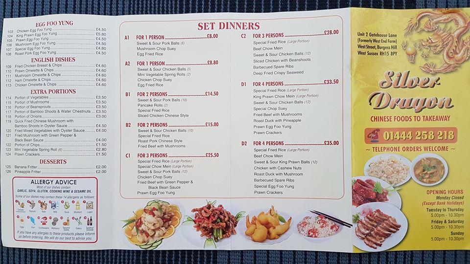 Menu at Silver Dragon fast food, Burgess Hill